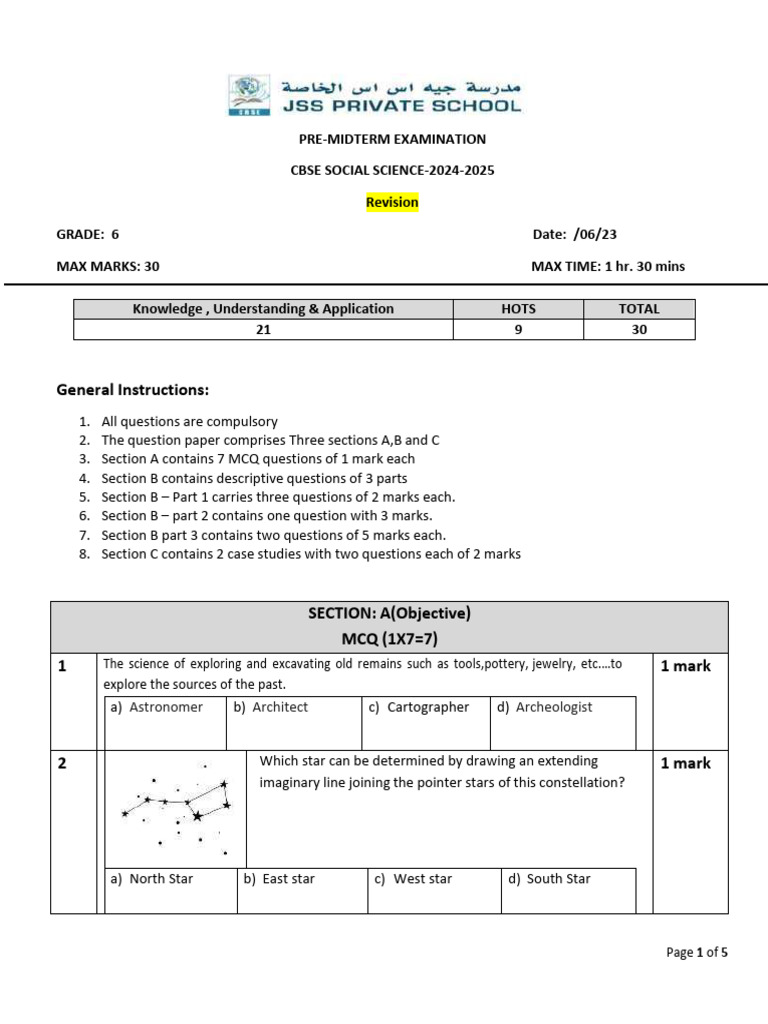 Revision Paper Gr 6 CBSE SST Pre Midterm 24-25.. | PDF