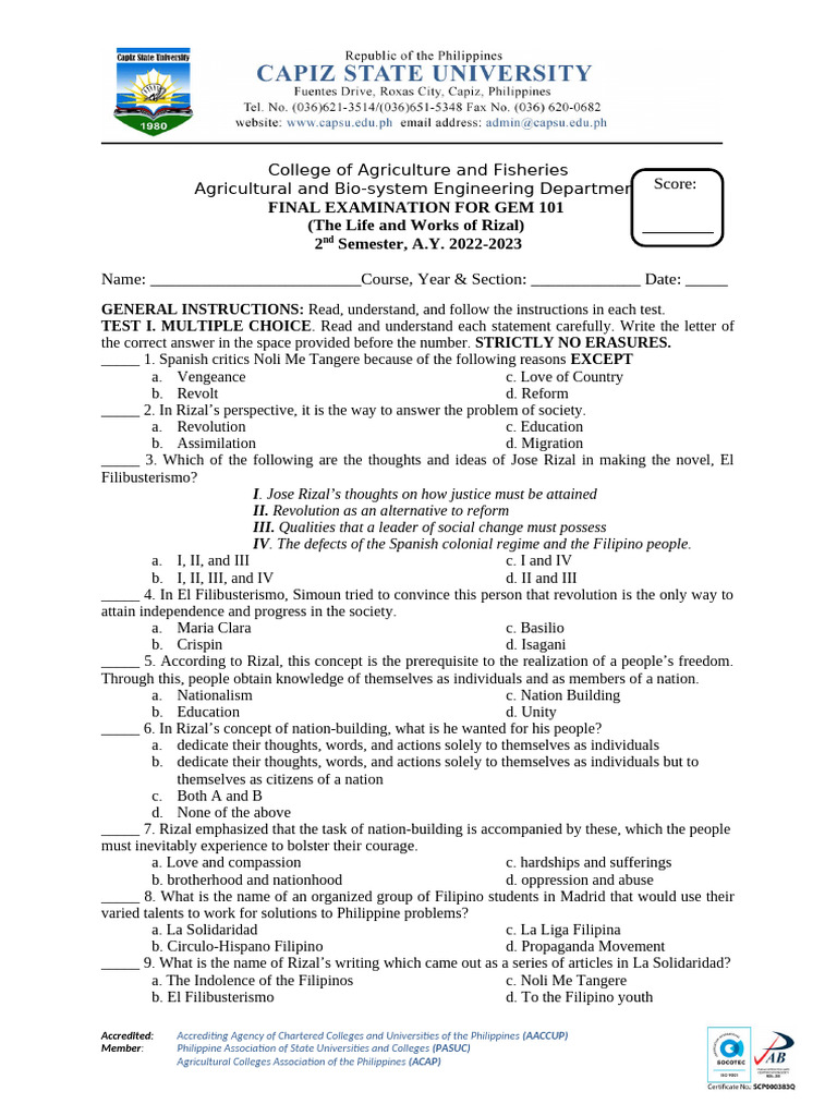 Gem 101 - Life Works of Rizal - Bsabe 2 | PDF