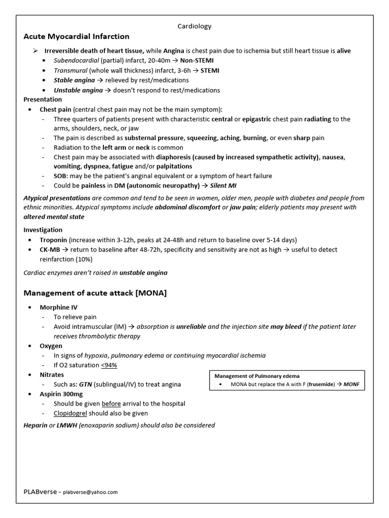 Plabverse Cardiology Notes | PDF