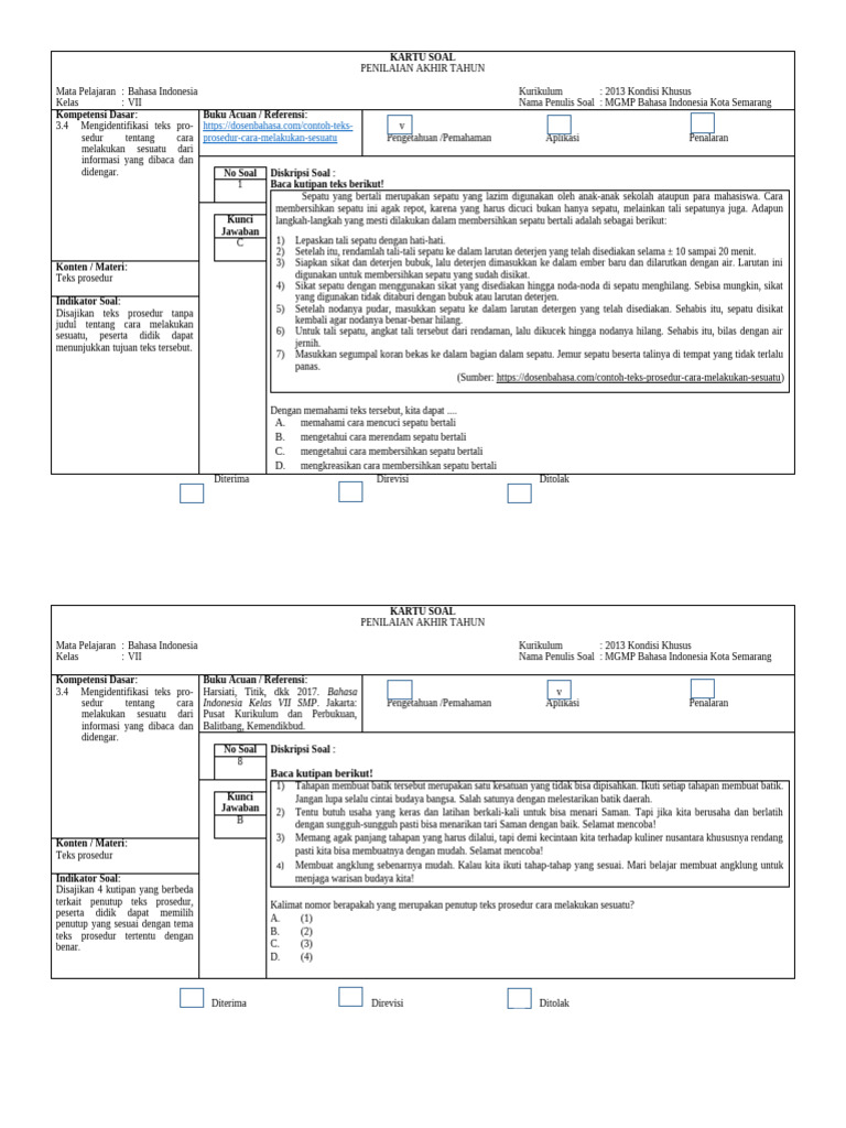 Kartu Soal Pat Bhs. Indonesia Vii (PG - PGK - Contoh) | PDF