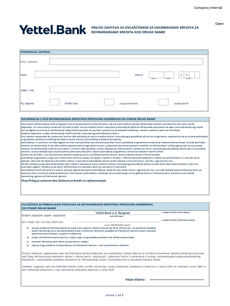 Zahtev Sa Ovlascenjem Za Odobravanje Kredita Za Refinansiranje YettelBank 18.05.24 | PDF