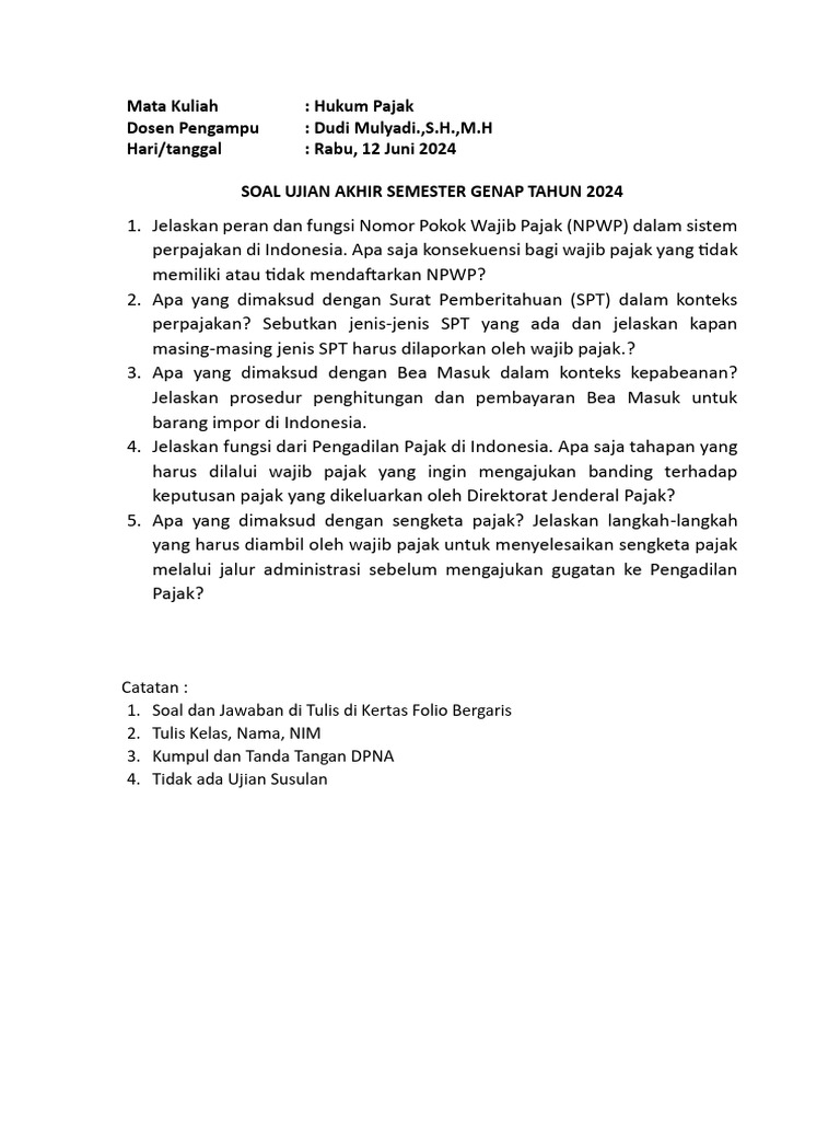 Soal Ujian Akhir Semester Genap Tahun 2024 | PDF