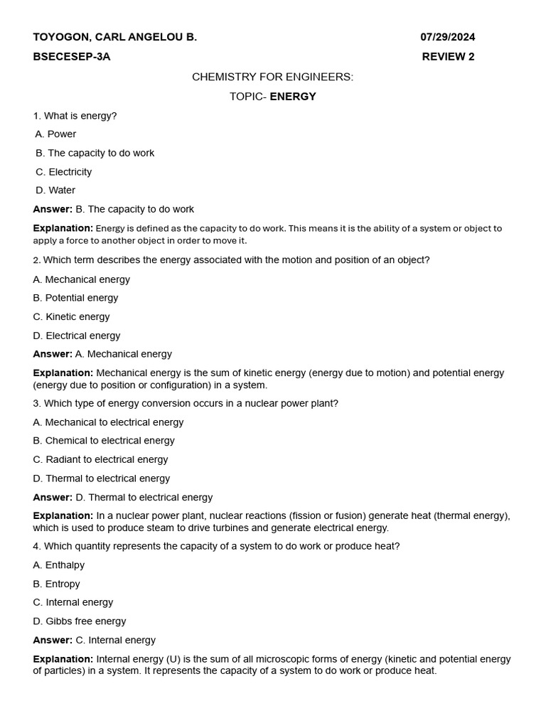 Toyogon Chemistry For Engineers-Energy | PDF