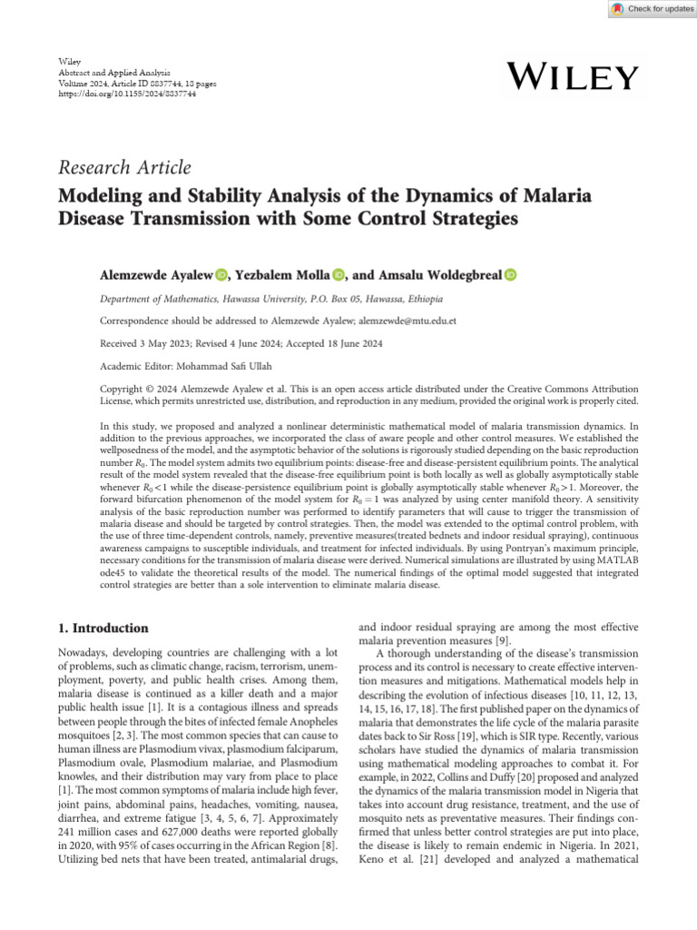 Abstract and Applied Analysis - 2024 - Ayalew - Modeling and Stability Analysis of The Dynamics ...