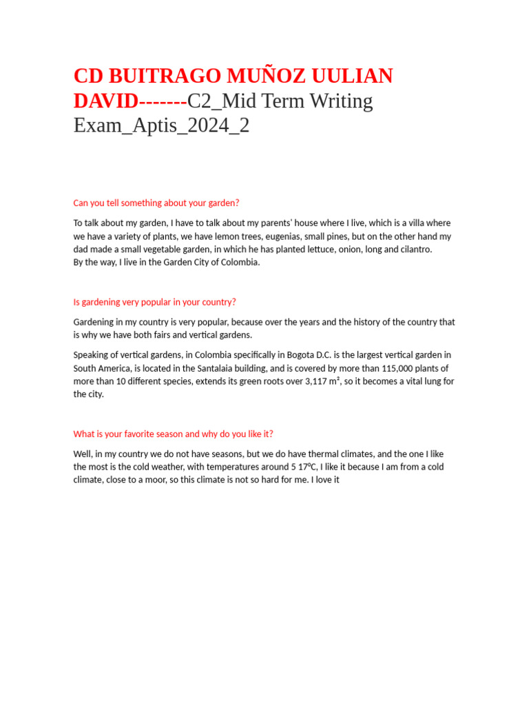 C2 Mid Term Writing Exam Aptis 2024 2 BUITRAGO | PDF