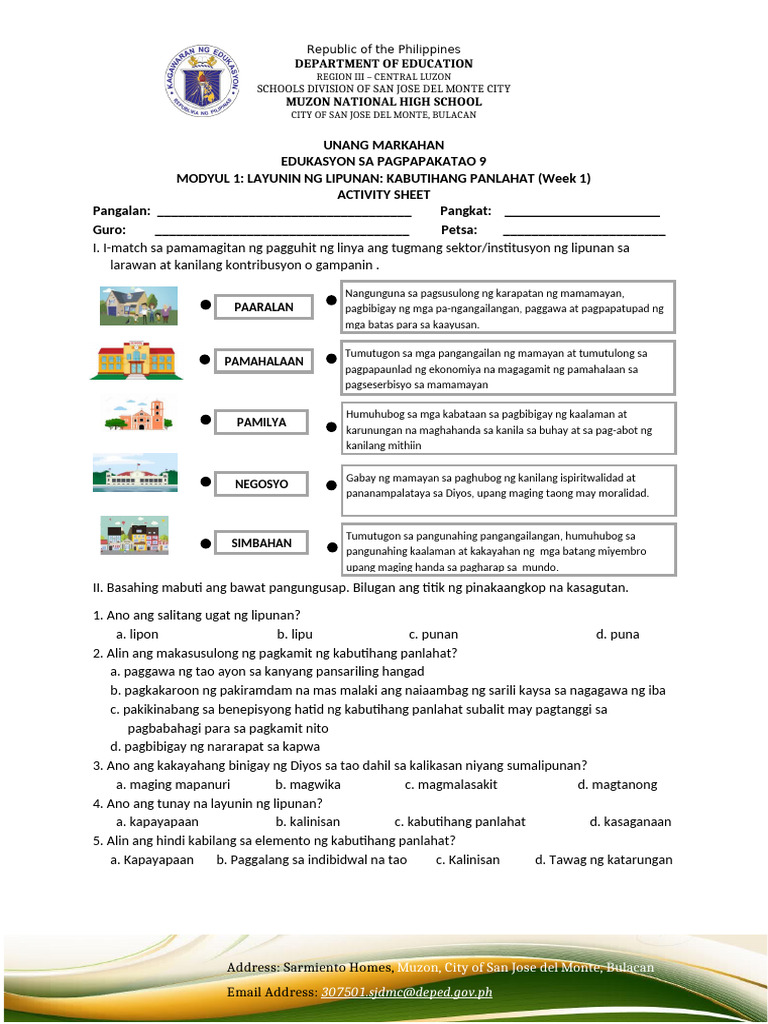 ESP 9 MODYUL 1-Week1 ACTIVITY SHEET | PDF