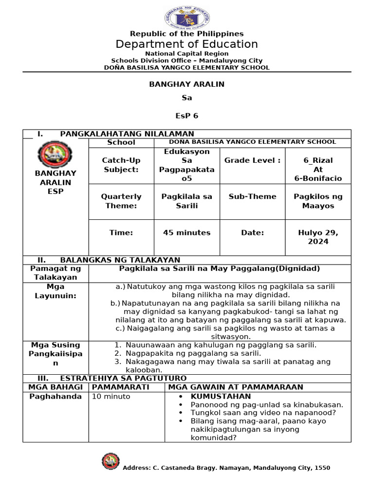 Banghay Aralin Sa EsP 6 - 2024-2025 | PDF
