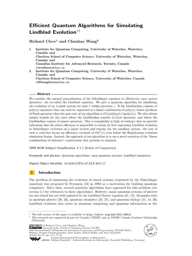 Cleve and Wang - 2017 - Efficient Quantum Algorithms For Simulating Lindbl | PDF | Quantum ...