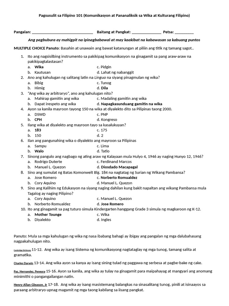 Pagsusulit Sa Filipino 101 (Susi Sa Pagwawasto) | PDF