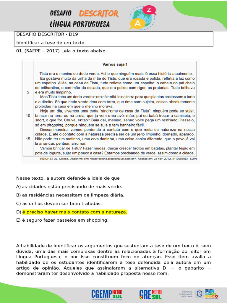 Desafio Descritor D19 | PDF