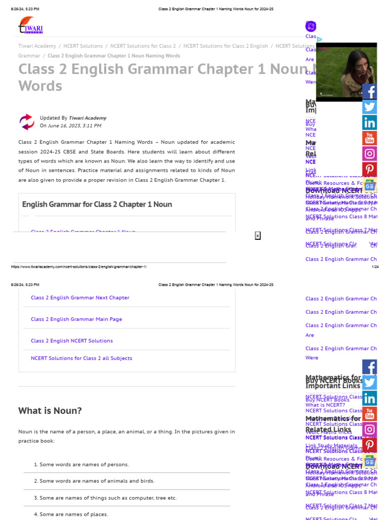 Class 2 English Grammar Chapter 1 Naming Words Noun For 2024-25 | PDF