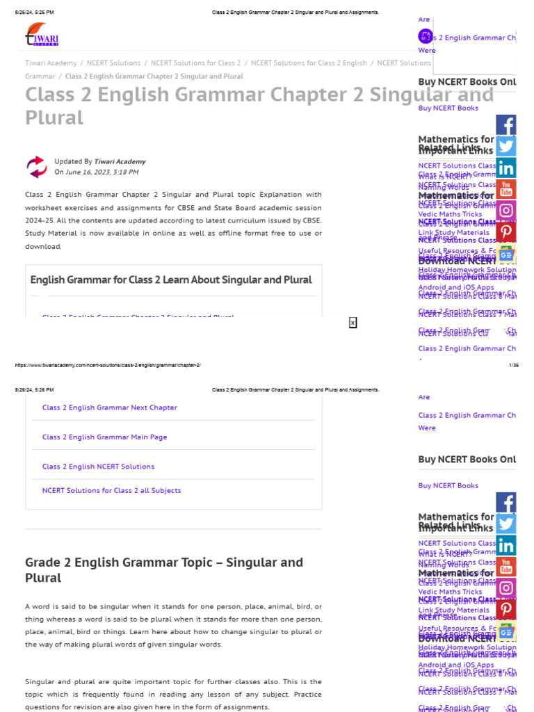 Class 2 English Grammar Chapter 2 Singular and Plural and Assignments | PDF