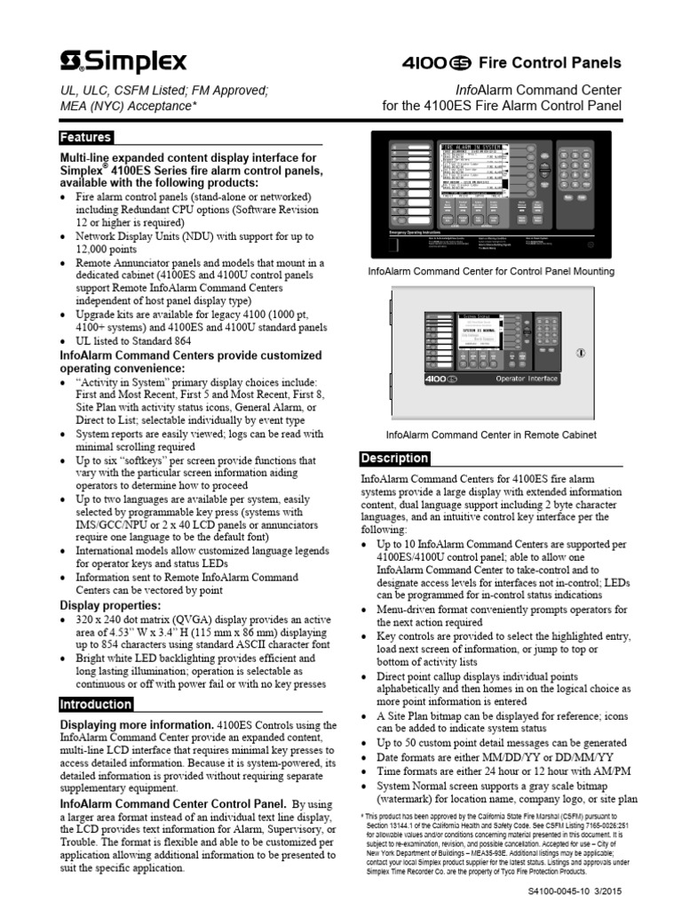 Features: UL, ULC, CSFM Listed FM Approved MEA (NYC) Acceptance | PDF