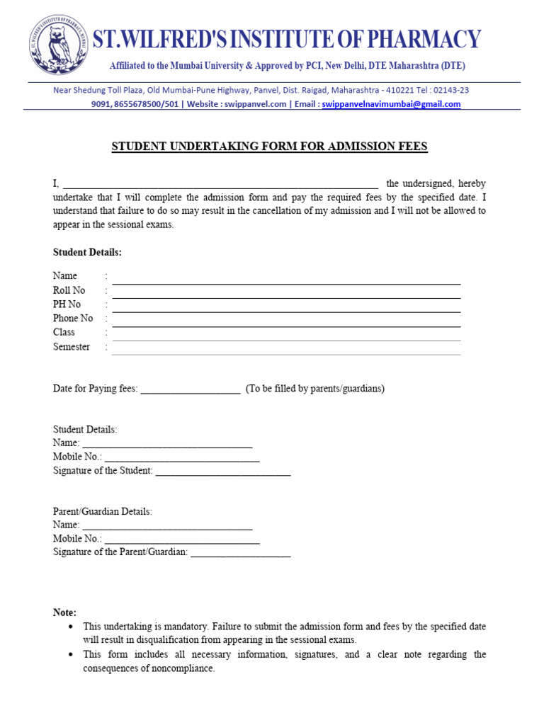 Student Undertaking Form For Admission Fees | PDF