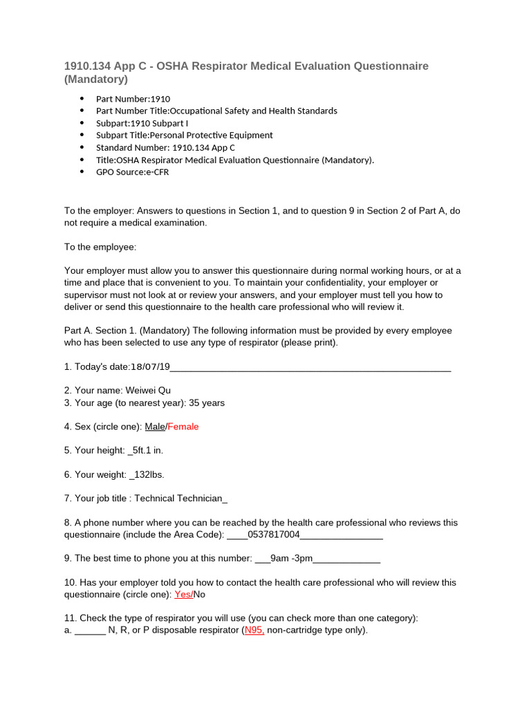 OSHA Respirator Medical Form | PDF