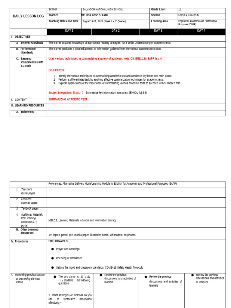 Week 4 Dll in Eapp 1st Quarter | PDF