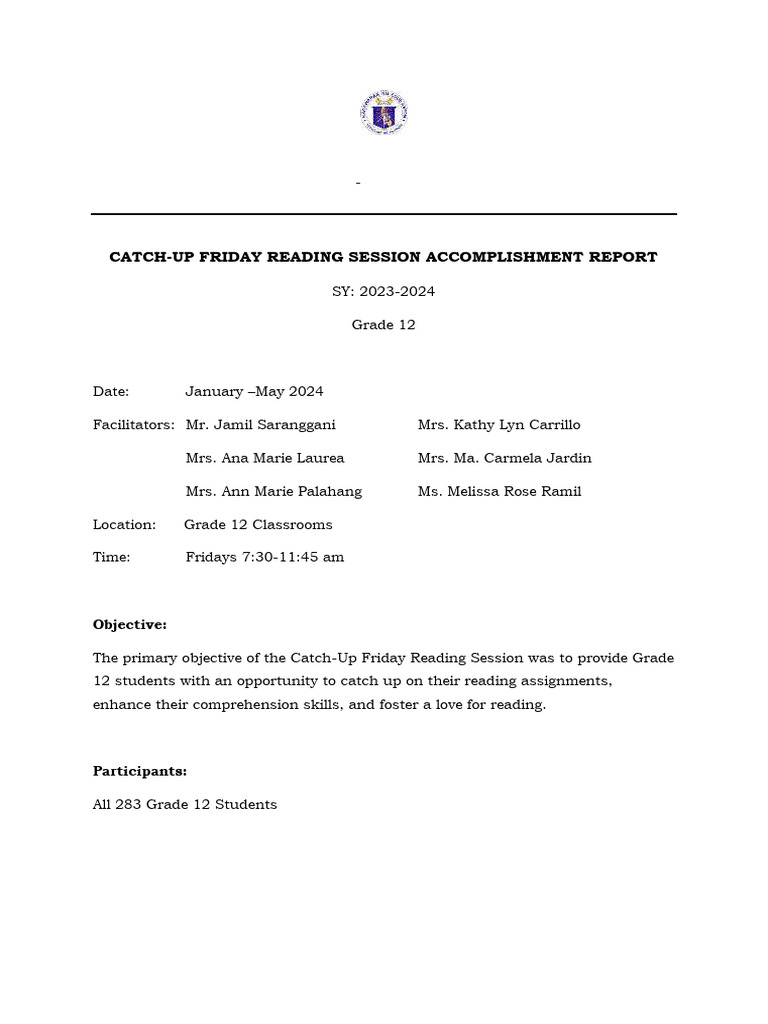 Catch Up Friday Reading Session Accomplishment Report 2024 | PDF