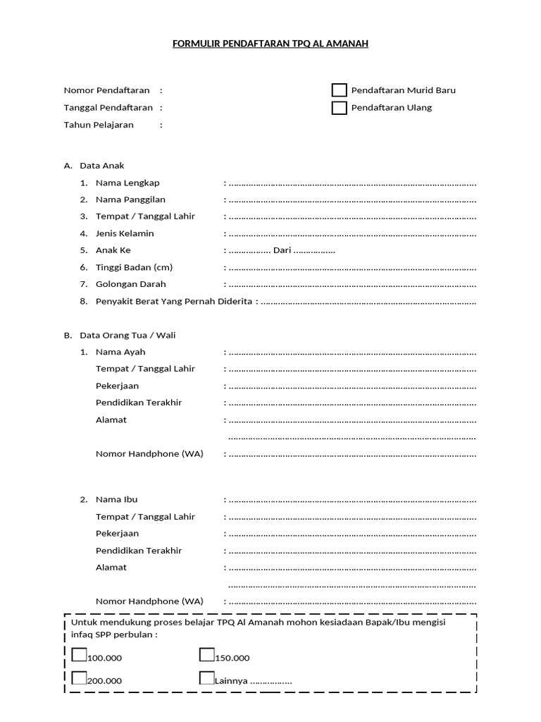 Formulir Pendaftaran TPQ Al Amanah | PDF
