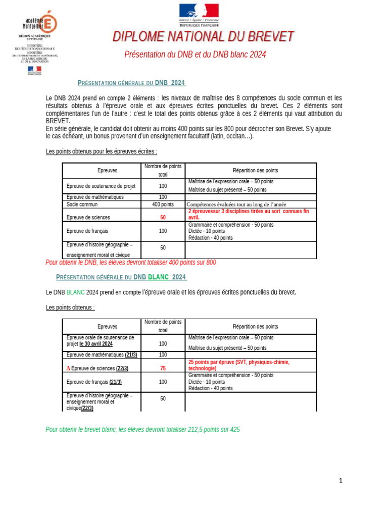 Présentation DNB Et Consignes de Surveillance DNB 2024 | PDF