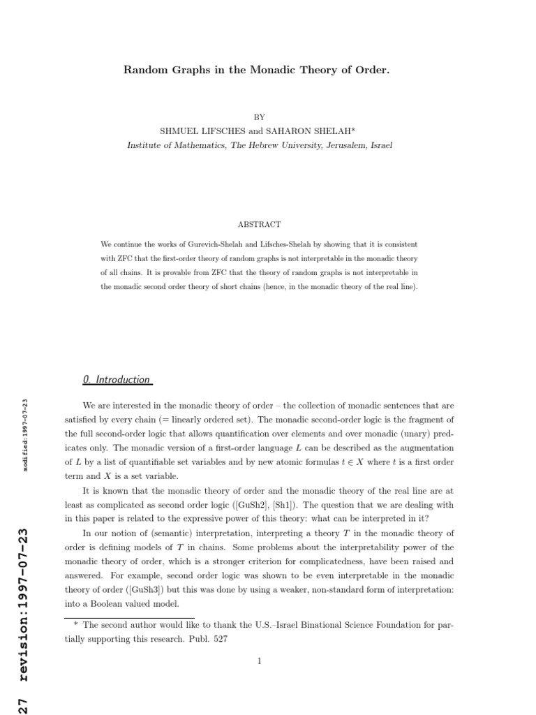 Shmuel Lifsches And Saharon Shelah Random Graphs In The Monadic Theory Of Order Pdf