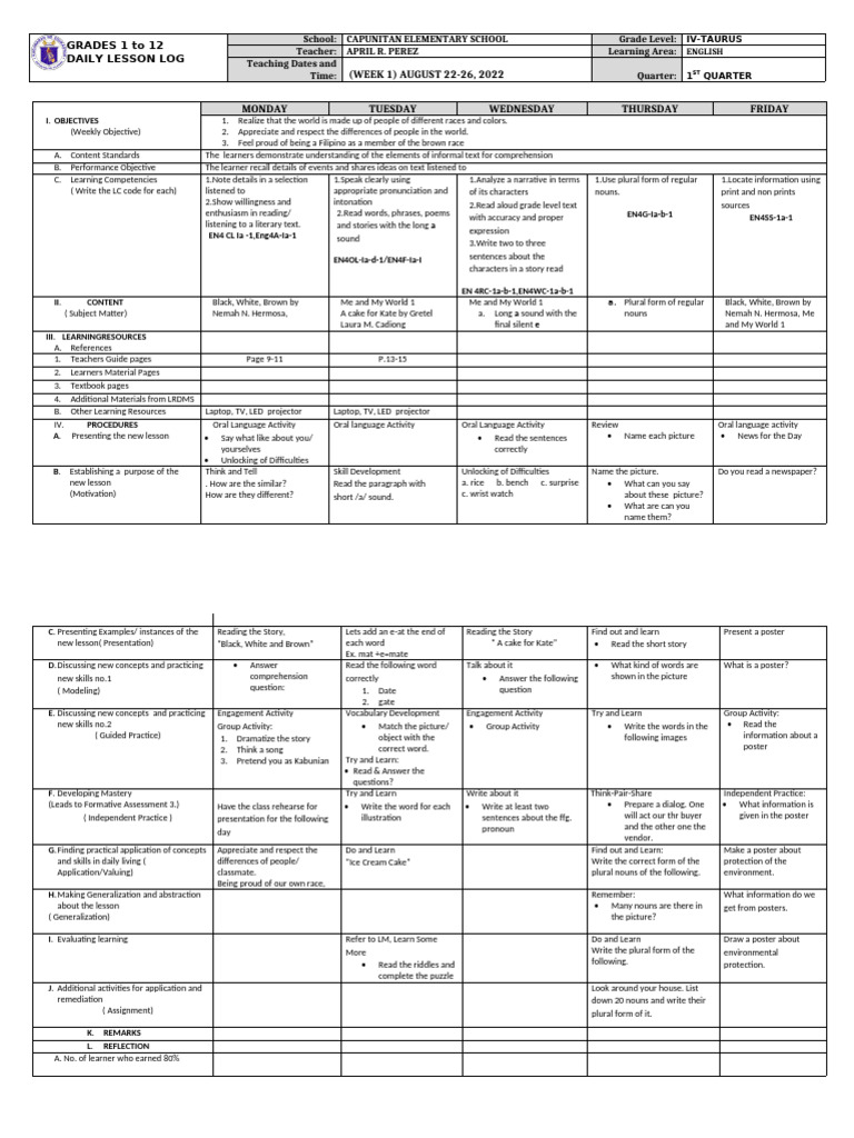 DLL - English 4 - Q1 - W1 | PDF