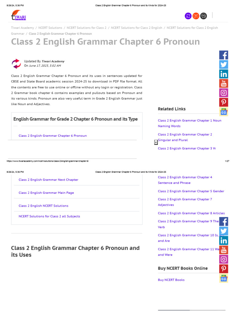 Class 2 English Grammar Chapter 6 Pronoun and Its Kinds For 2024-25 | PDF