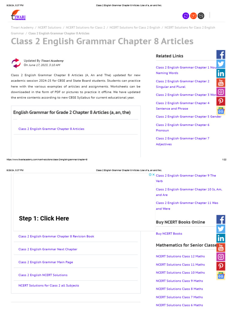 Class 2 English Grammar Chapter 8 Articles (Use of A, An and The) | PDF