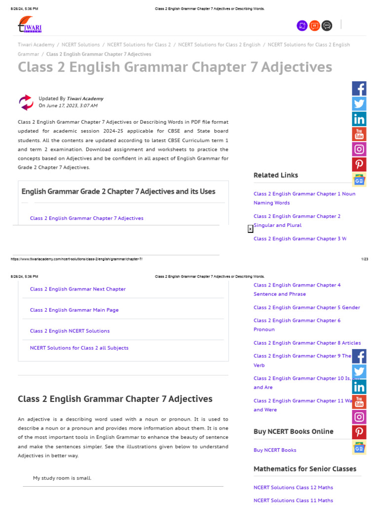 Class 2 English Grammar Chapter 7 Adjectives or Describing Words_ | PDF