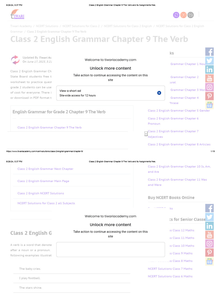 Class 2 English Grammar Chapter 9 The Verb and its Assignments free_ | PDF