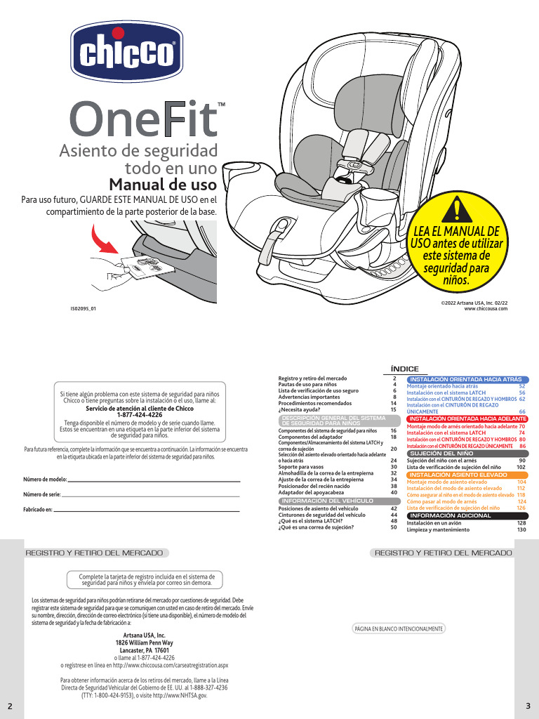 Chicco OneFit Car Seat Product Manual Spanish | PDF