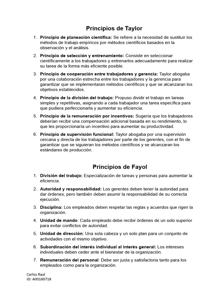 Principios de Taylor y Fayol: Comparativa | PDF | Planificación ...