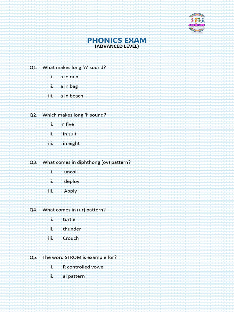 PHONICS Question Paper Level 2 | PDF