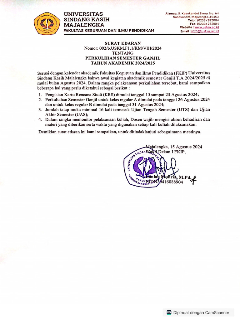 SURAT EDARAN PERKULIAHAN SEMESTER GANJIL T.A 20242025 | PDF