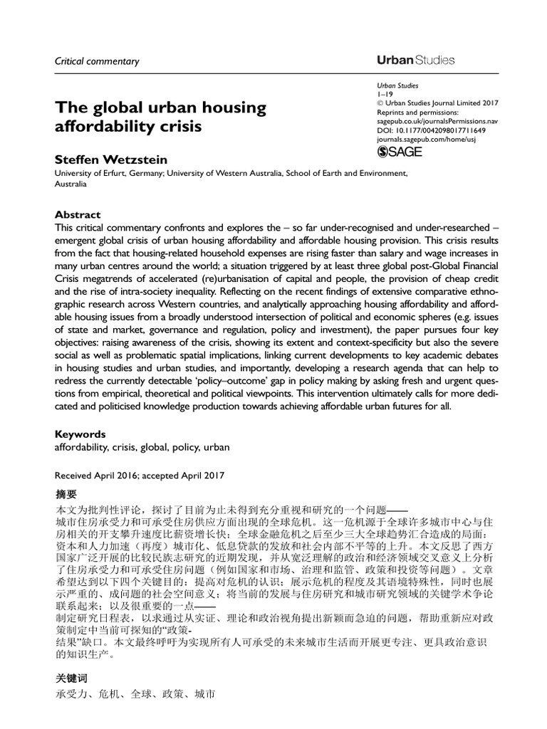 The Global Urban Housing Affordability Crisis | PDF