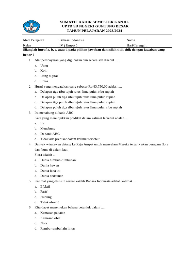 SUMATIF AKHIR SEMESTER Kls 4 2024 | PDF