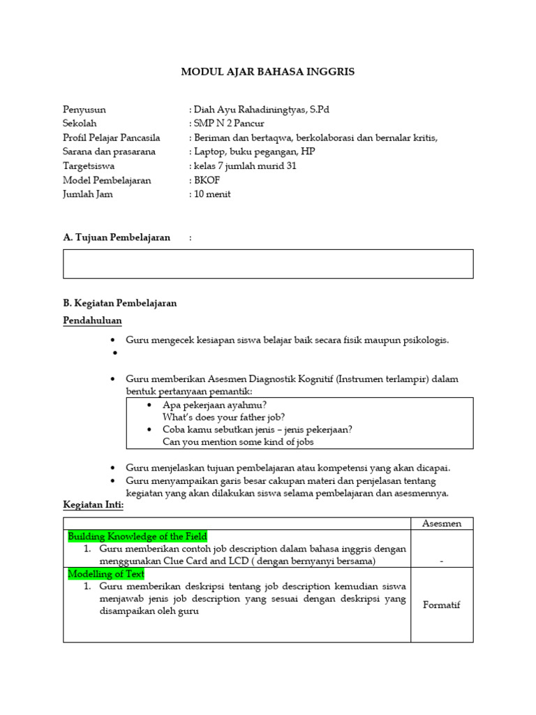 Modul Ajar Bahasa Inggris: 7.1.10 Peserta Didik Mampu Menyebutkan Atau Mendeskripsikan Pekerjaan ...