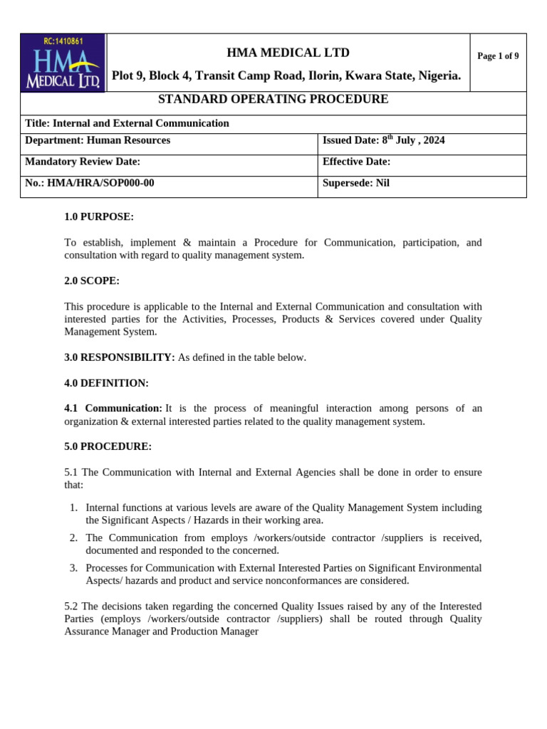 SOP FOR INTERNAL EXTERNAL COMMUNICATION | PDF