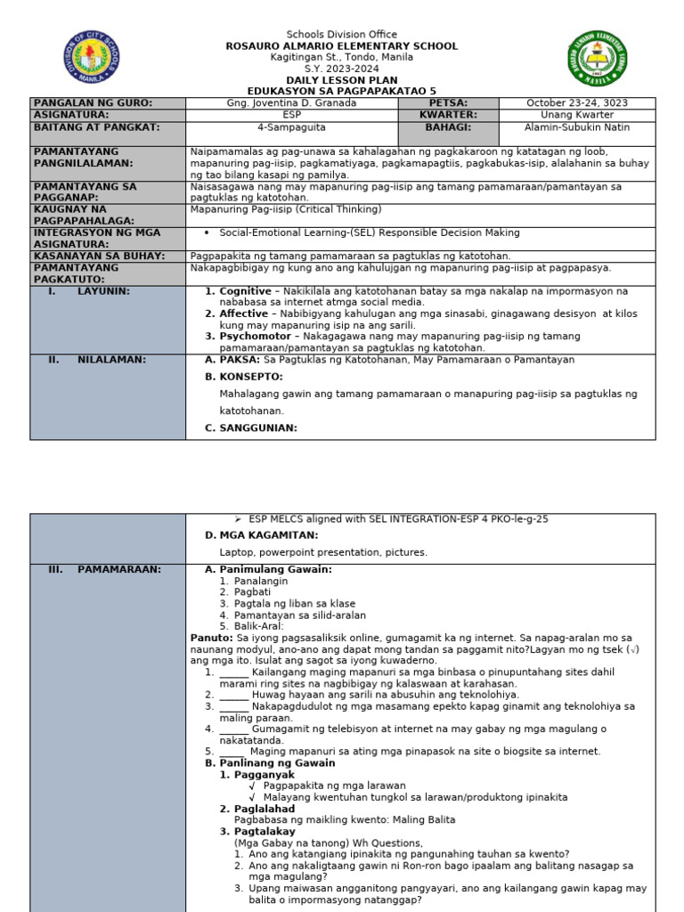 Esp Lesson Plan Format | PDF