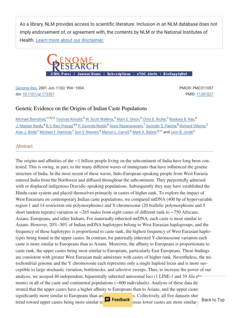 Genetic Evidence On The Origins of Indian Caste Populations - PMC | PDF