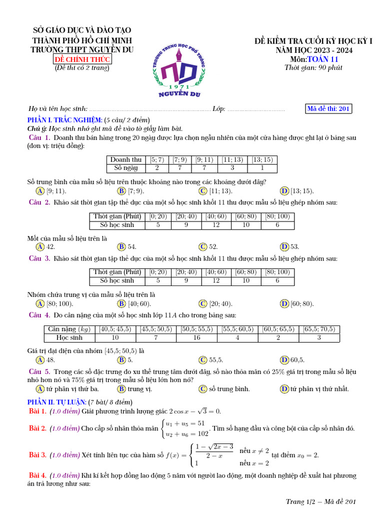 De Cuoi Hoc Ky 1 Toan 11 Nam 2023 2024 Truong THPT Nguyen Du TP HCM | PDF