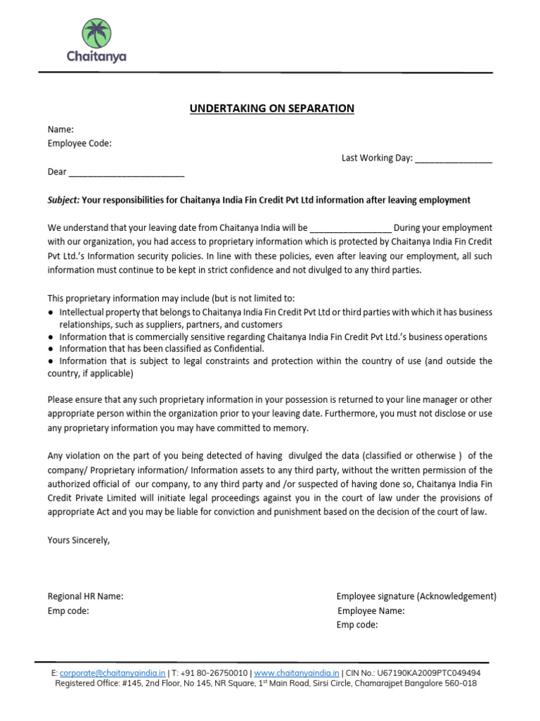 Leaver Letter (Undertaking On Separation) | PDF