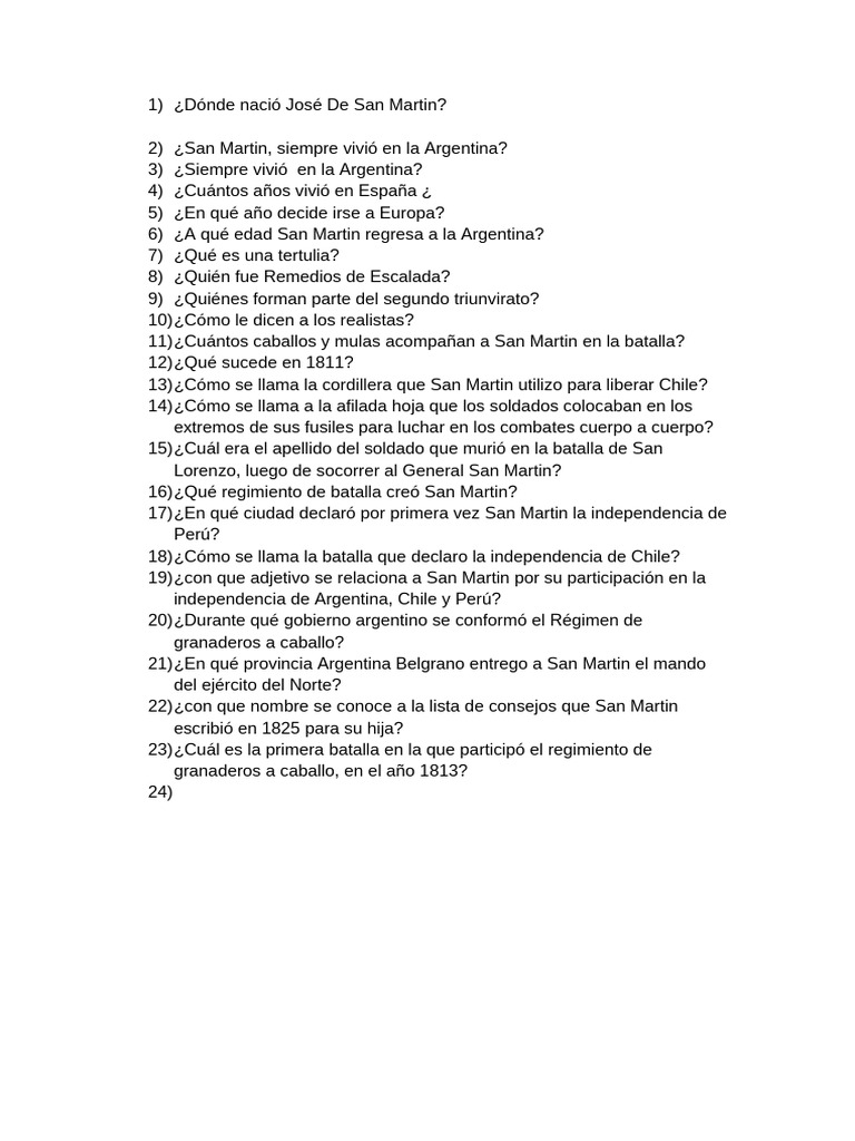 Preguntas sobre José de San Martín | PDF