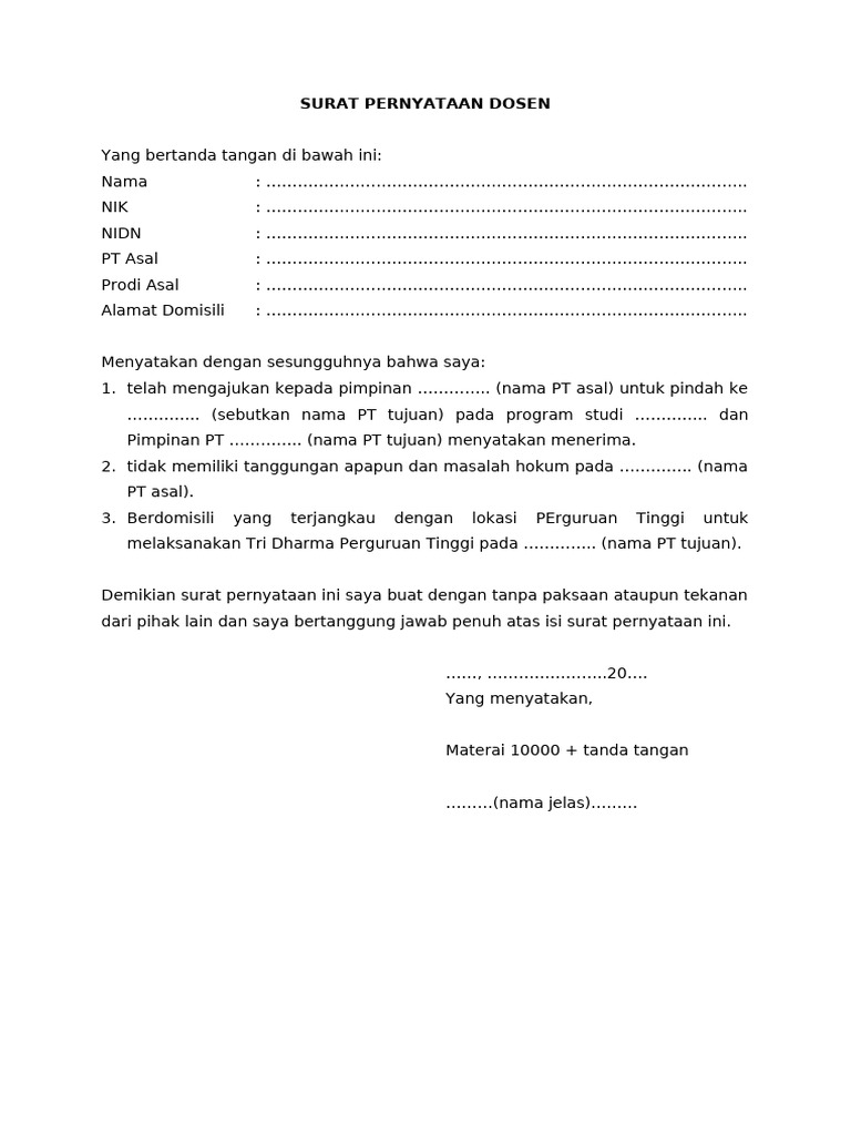 Format Surat Pernyataan Dosen Mutasi Eksternal Baru (Se Nomor 25 Tahun ...