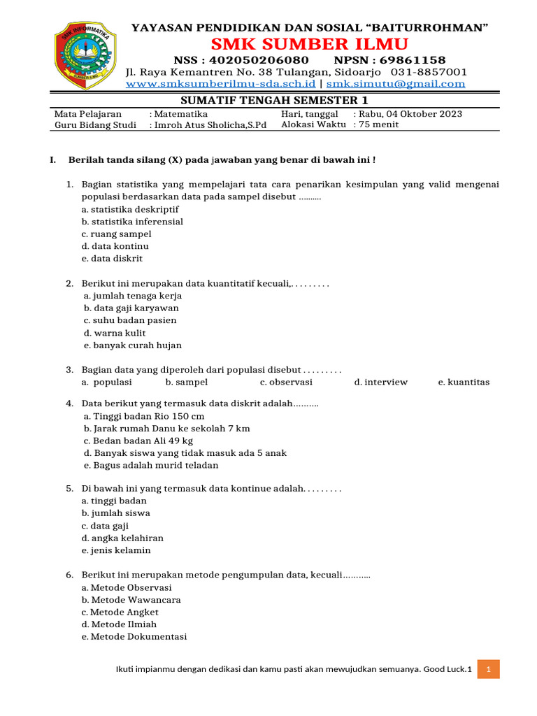 Soal Sts 1 MTK 2023-2024 Smk-1 | PDF