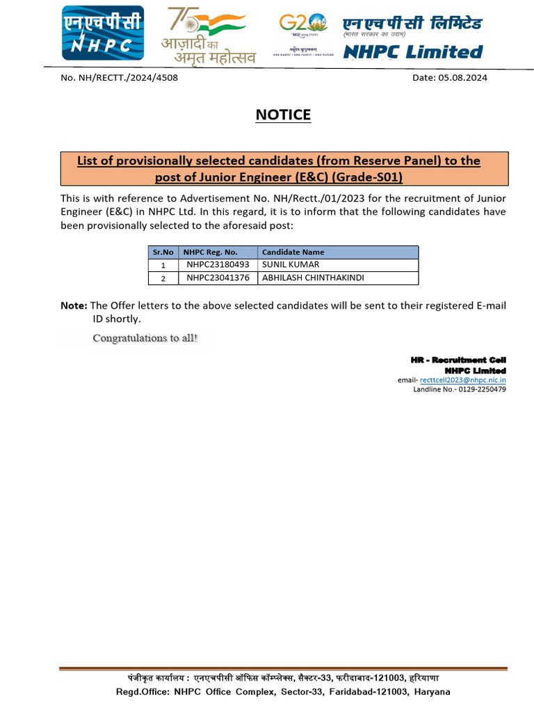 Notice: List of Provisionally Selected Candidates (From Reserve Panel ...