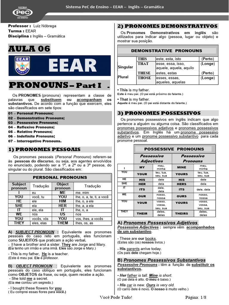 Aula 06 - Eear - Pronouns Part1 | PDF
