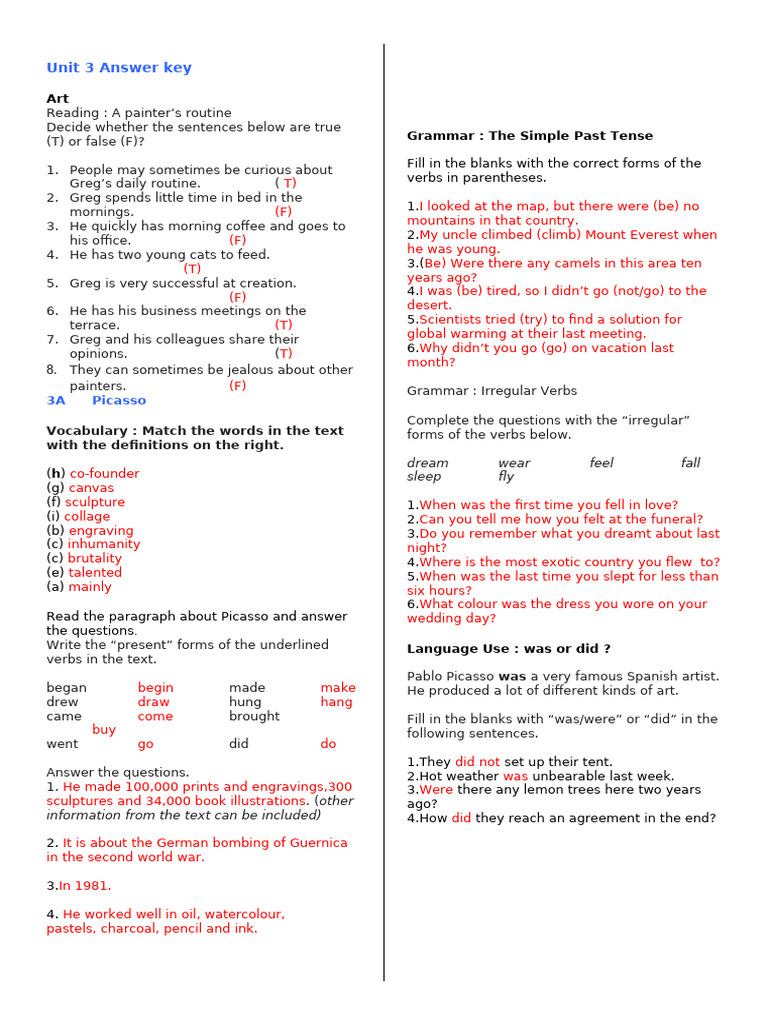 El Unit 3 Art Answer Key | PDF