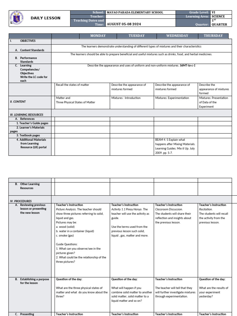 DLL - Science 6 - Q1 - W1 | PDF