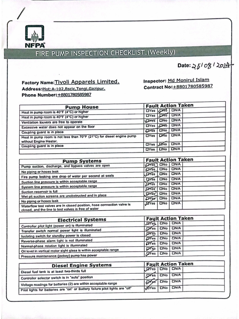 Weekly Fire Pump Inspection & Maintenance Checklist | PDF