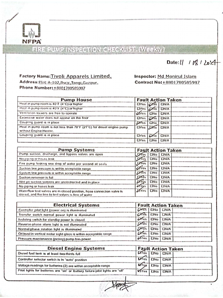 Fire Pump (Weekly) Inspection & Maintenance Check List. | PDF